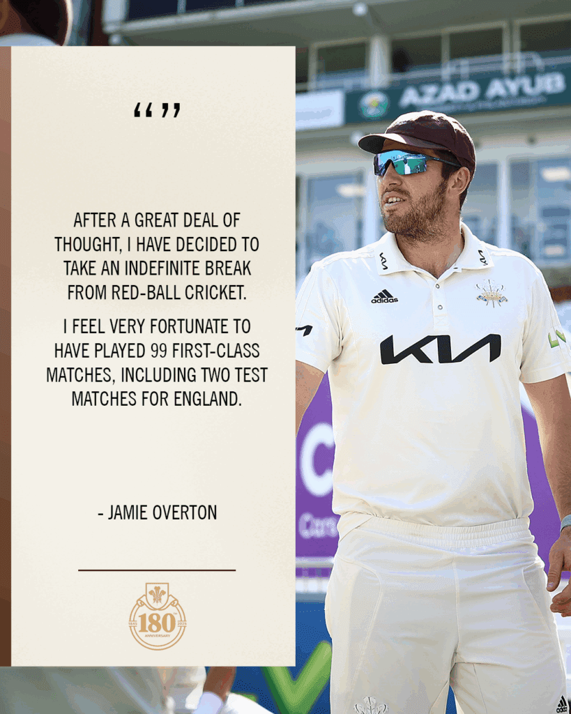 Jamie Overton takes indefinite break from red-ball cricket - Kia Oval